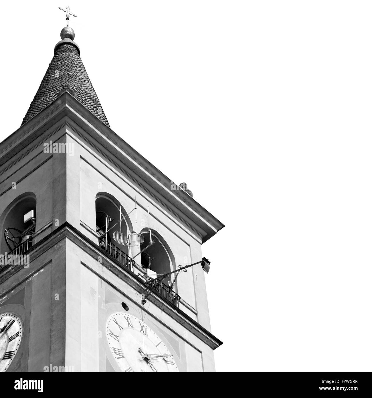 ancien clock tower in italy europe old stone and bell Stock Photo - Alamy