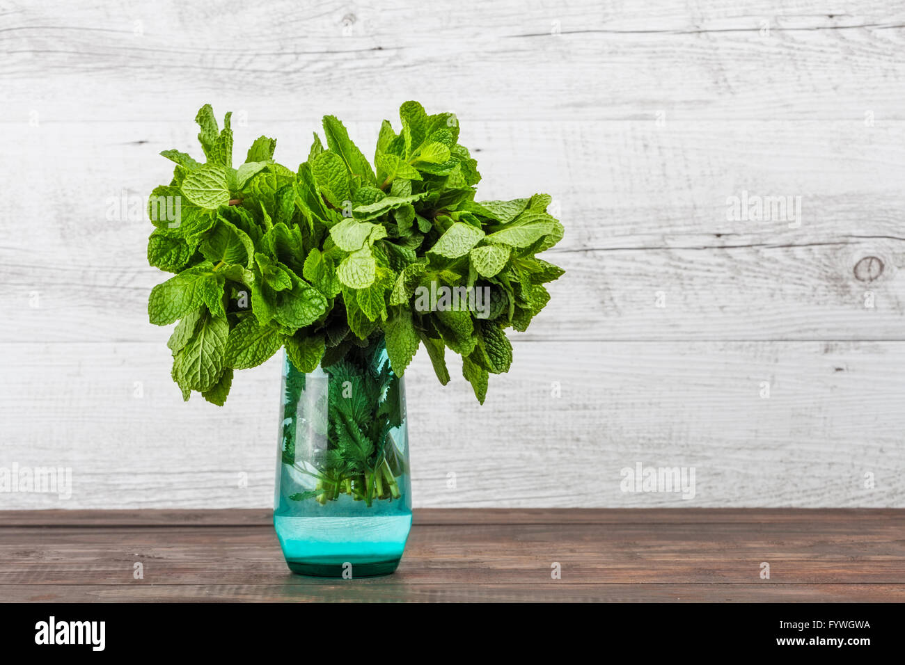 Bunch of fresh mint in colored glass on wooden background with copy ...