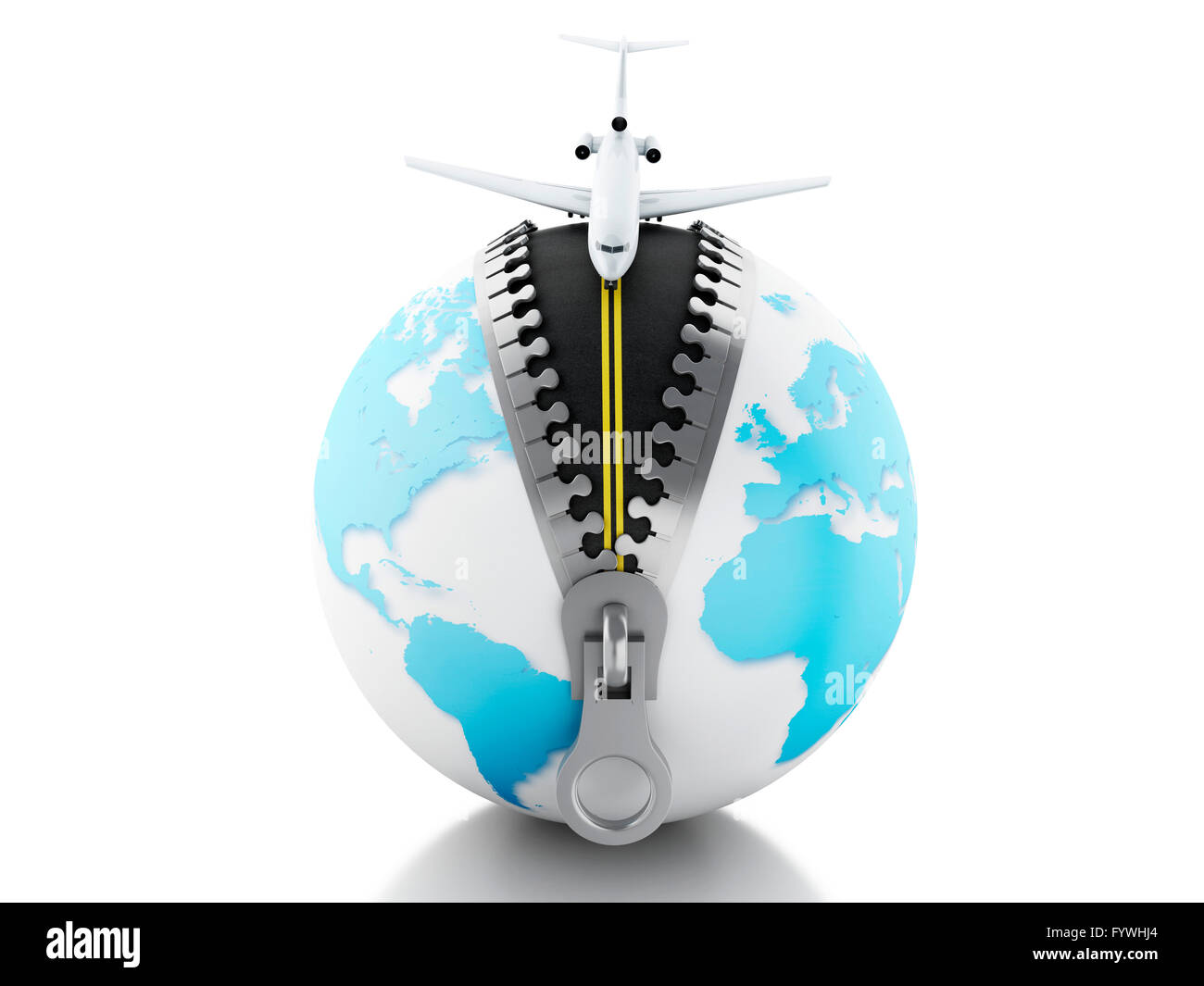 3d renderer image. Globe with zipper open and airplane on top, landing ...