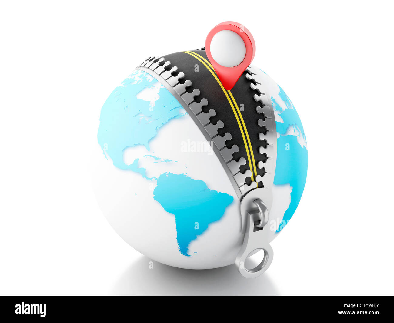 3D Illustration. Globe with zipper open and a map pointer. Navigation ...