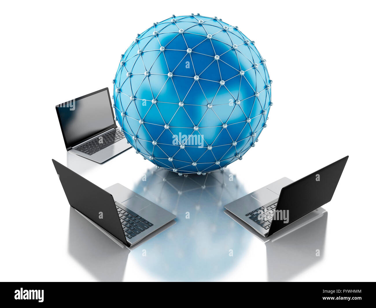 3d Illustration. Network globe with laptops. Network Communications ...