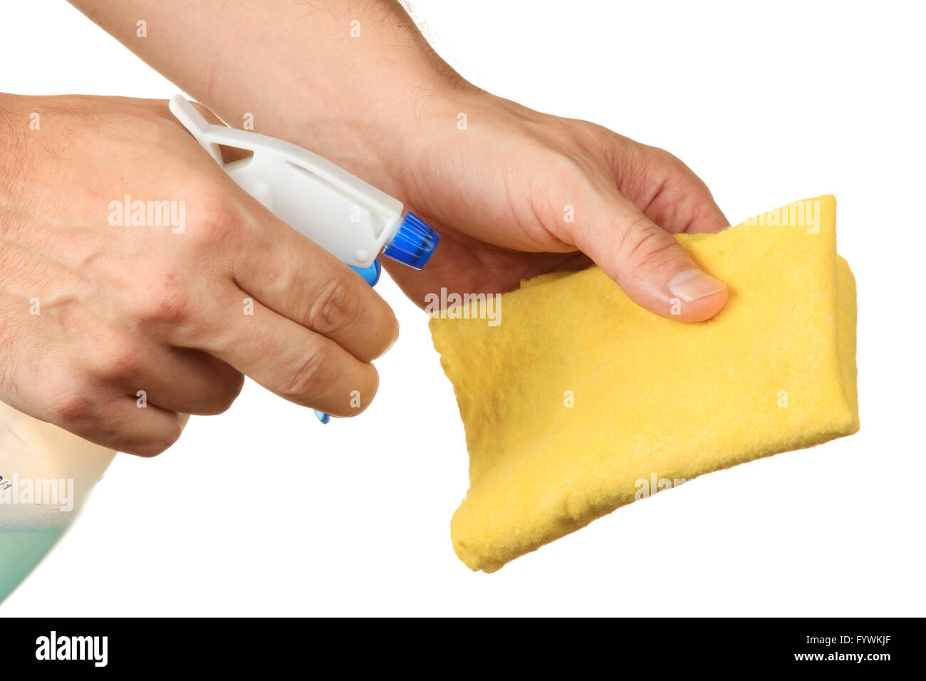 Hand with spray bottle and rag Stock Photo - Alamy