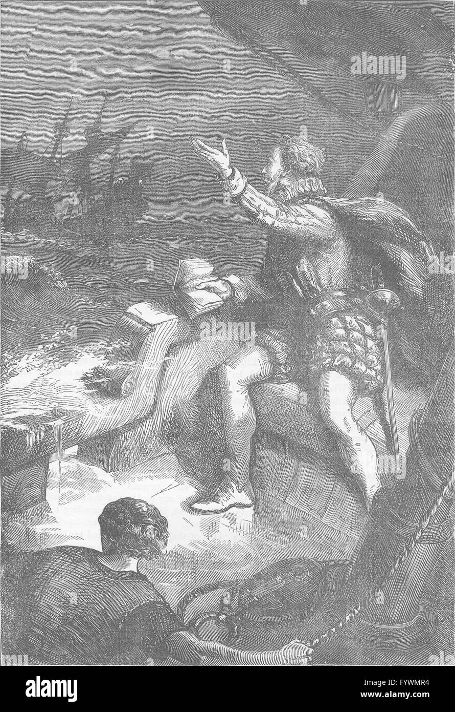 EXPLORERS: Last moments of Humphrey Gilbert, antique print c1880 Stock ...