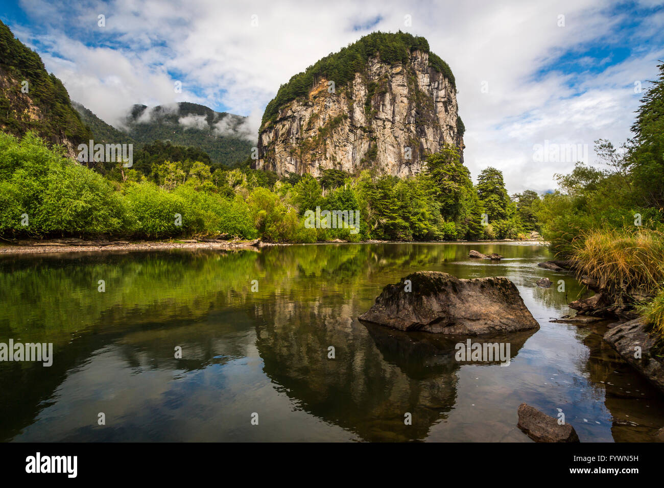 Mountain reflections at the Rio Simpson National Reserve, Chile, South ...