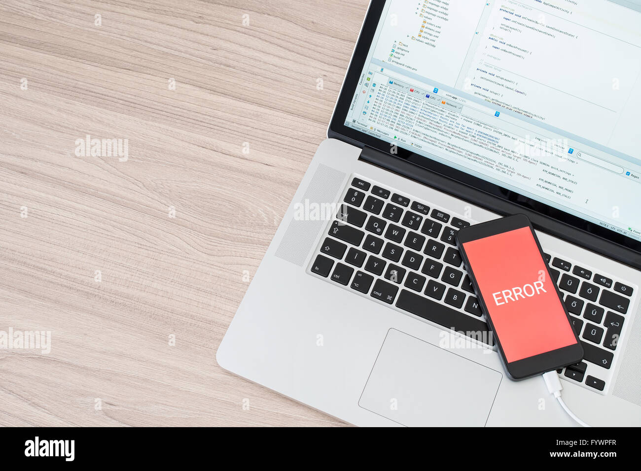 Mobile application development error with computer and smartphone Stock ...