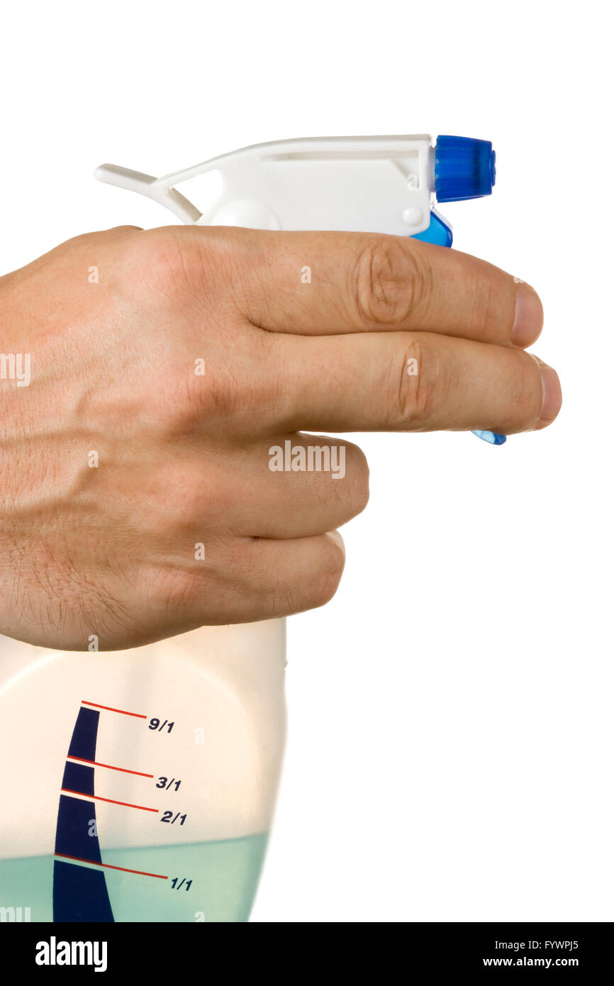 Hand with spray bottle Stock Photo - Alamy
