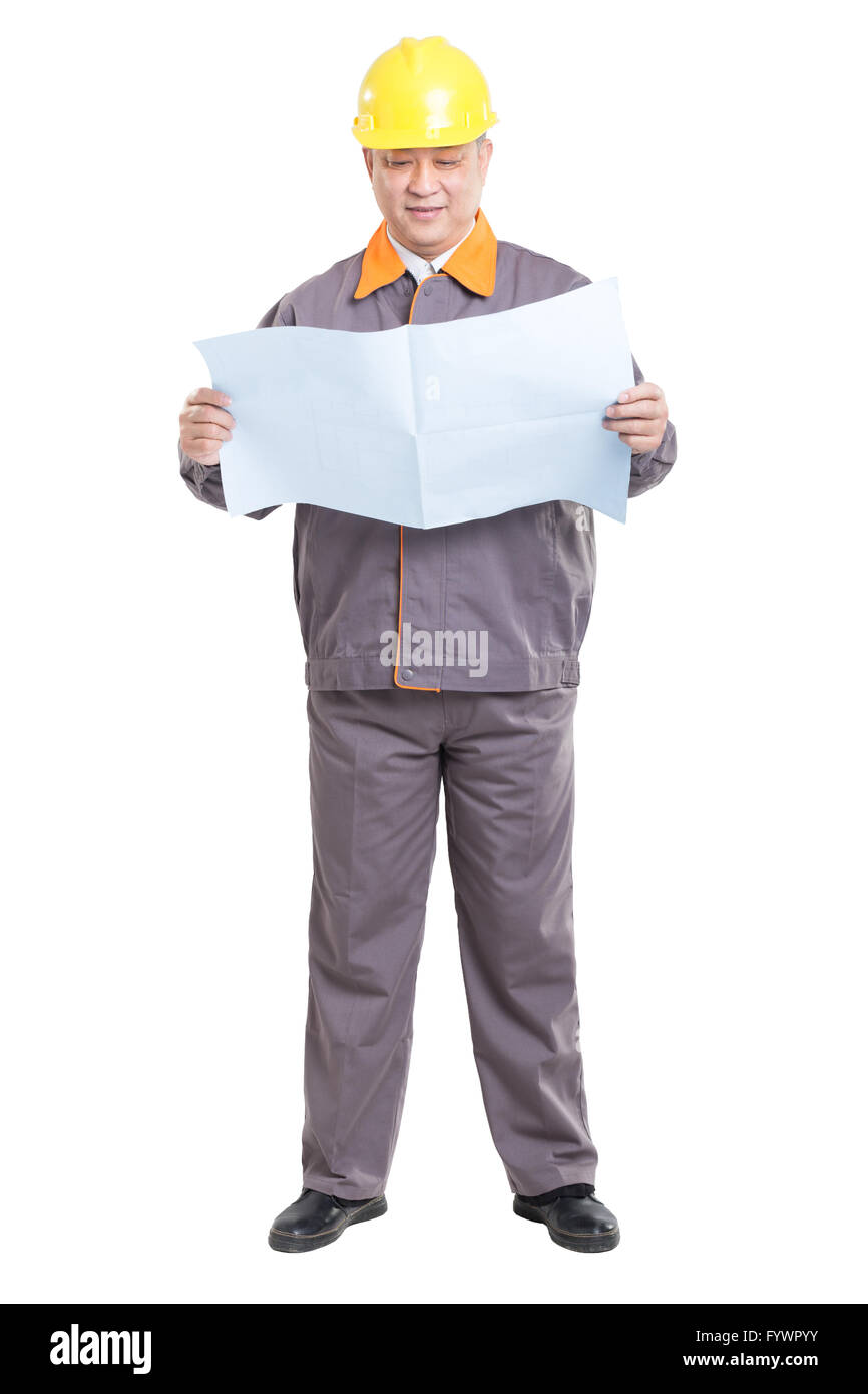 isolated engineer holding blueprint Stock Photo - Alamy