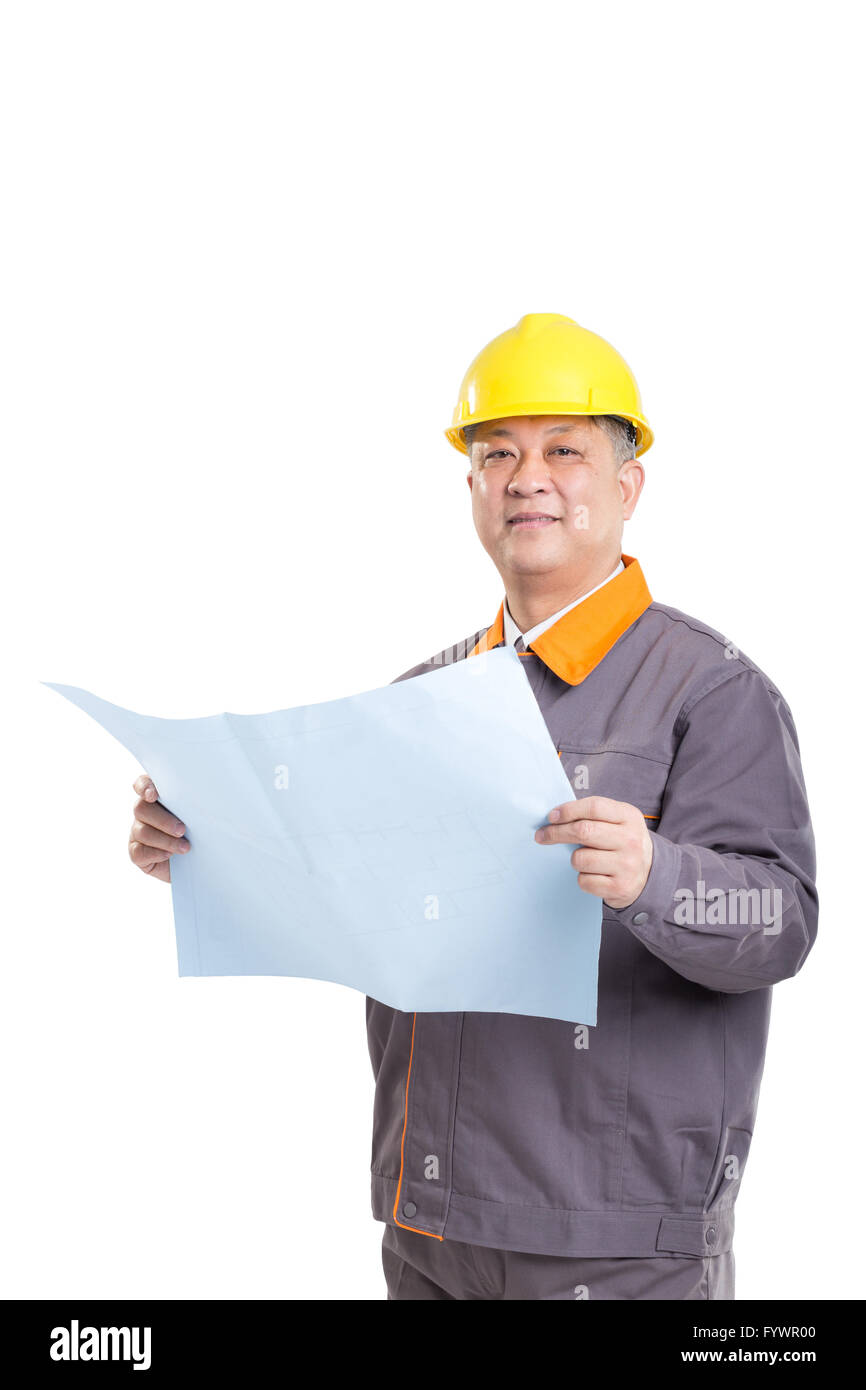 isolated engineer holding blueprint Stock Photo - Alamy
