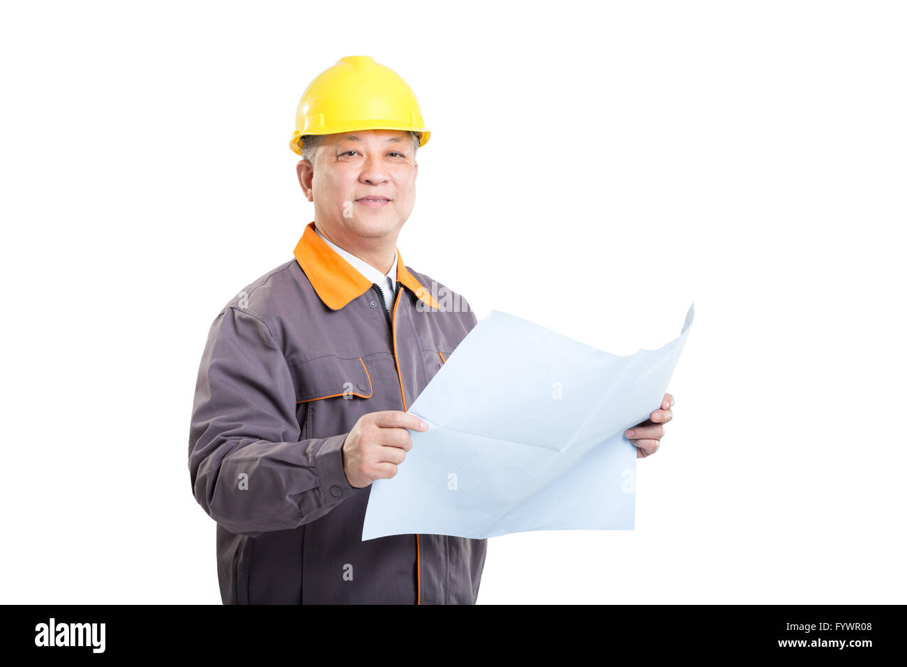 isolated engineer holding blueprint Stock Photo - Alamy