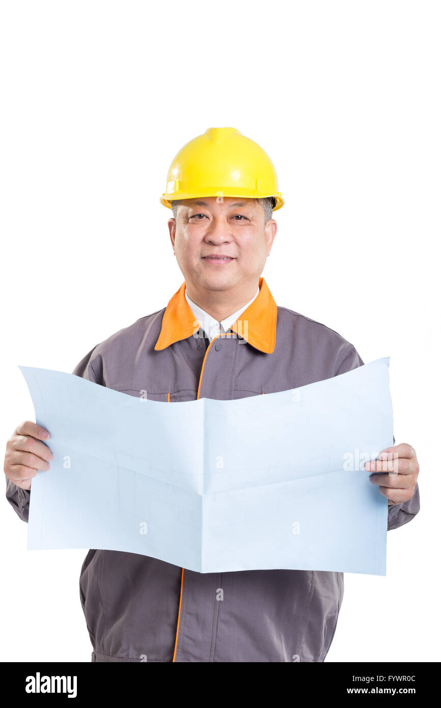 isolated engineer holding blueprint Stock Photo - Alamy