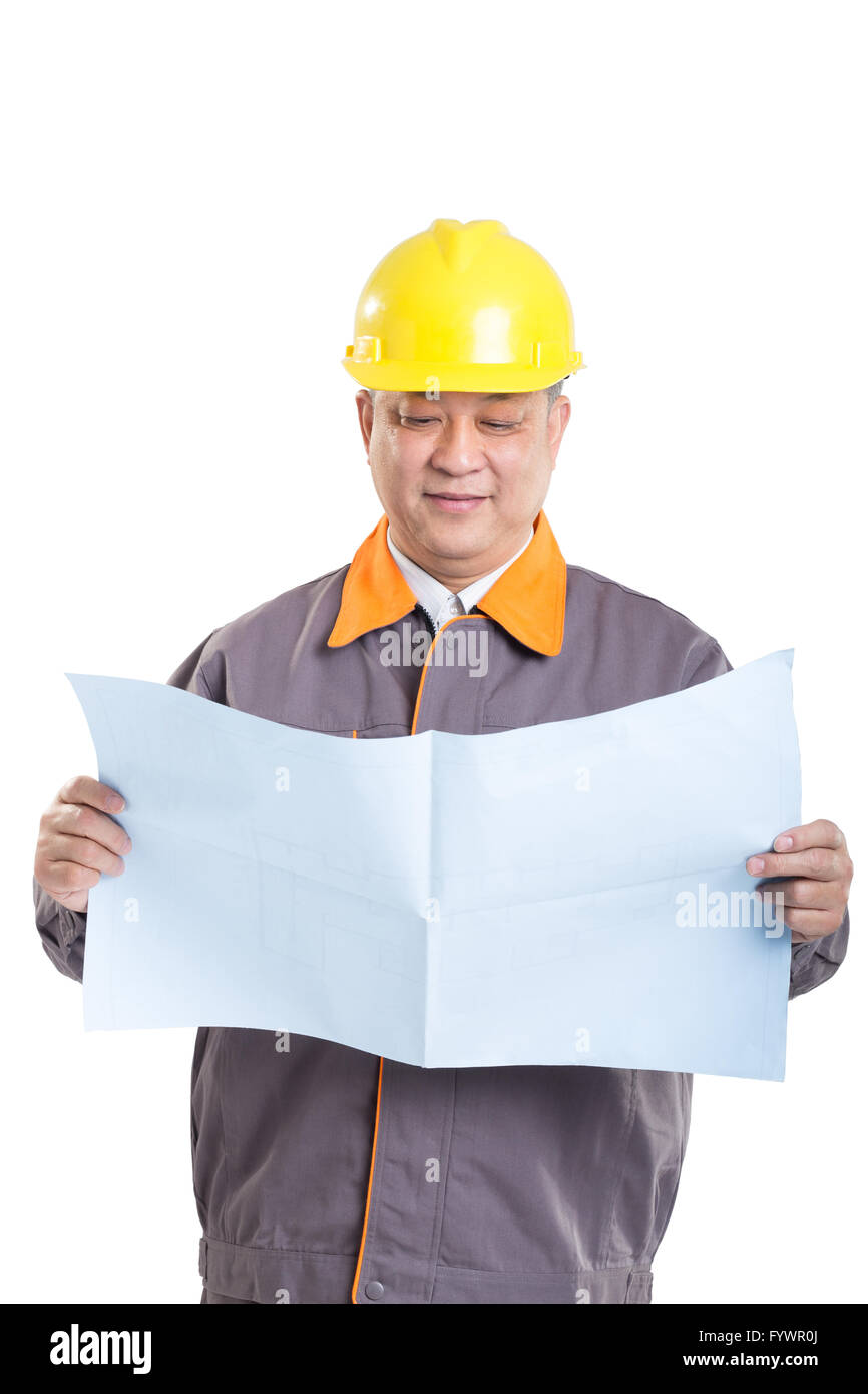 isolated engineer holding blueprint Stock Photo - Alamy