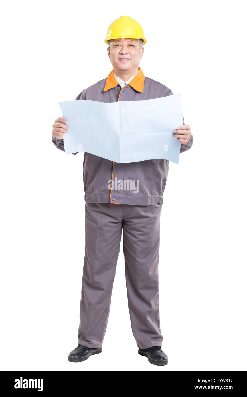 isolated engineer holding blueprint Stock Photo - Alamy