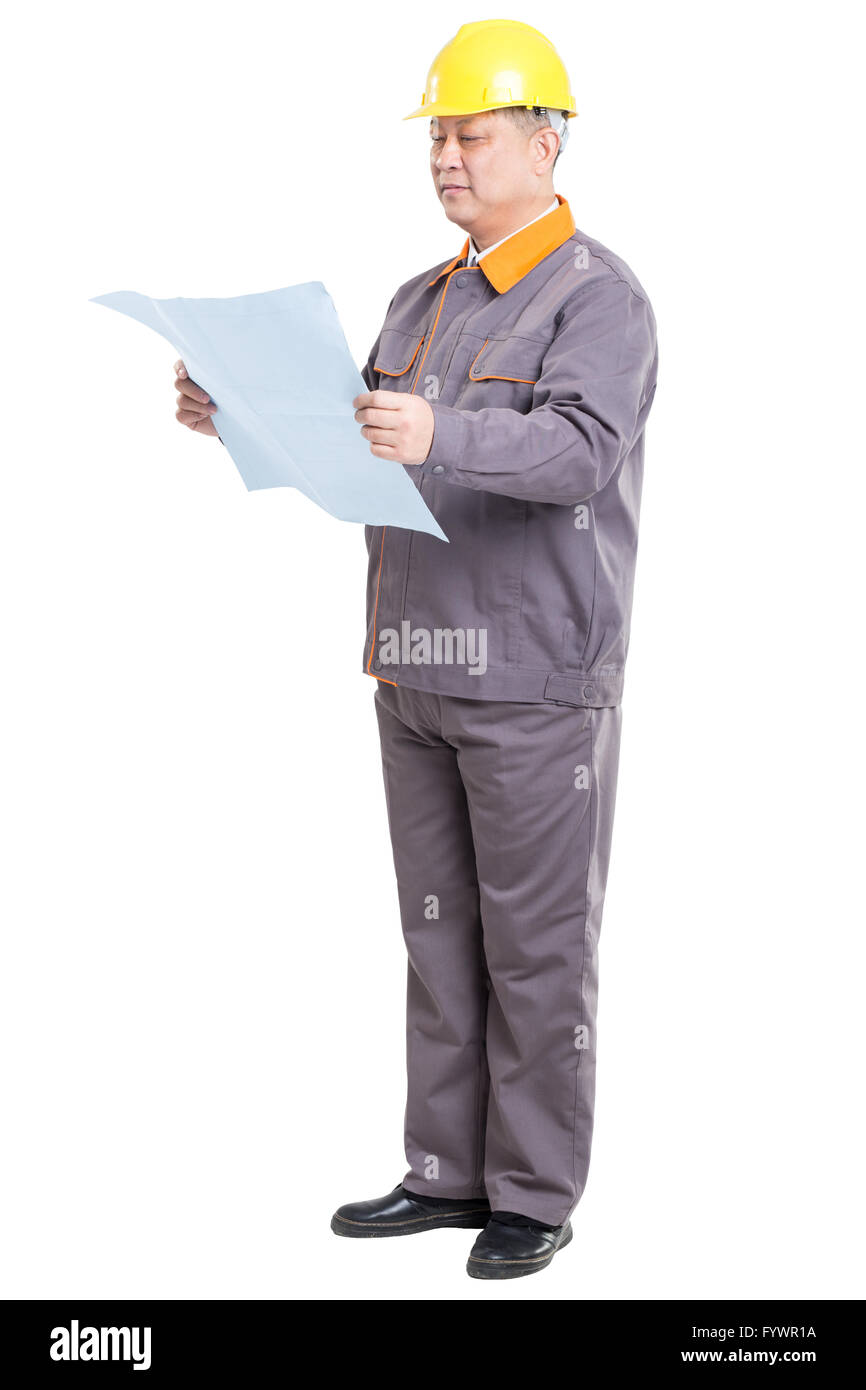 isolated engineer holding blueprint Stock Photo - Alamy