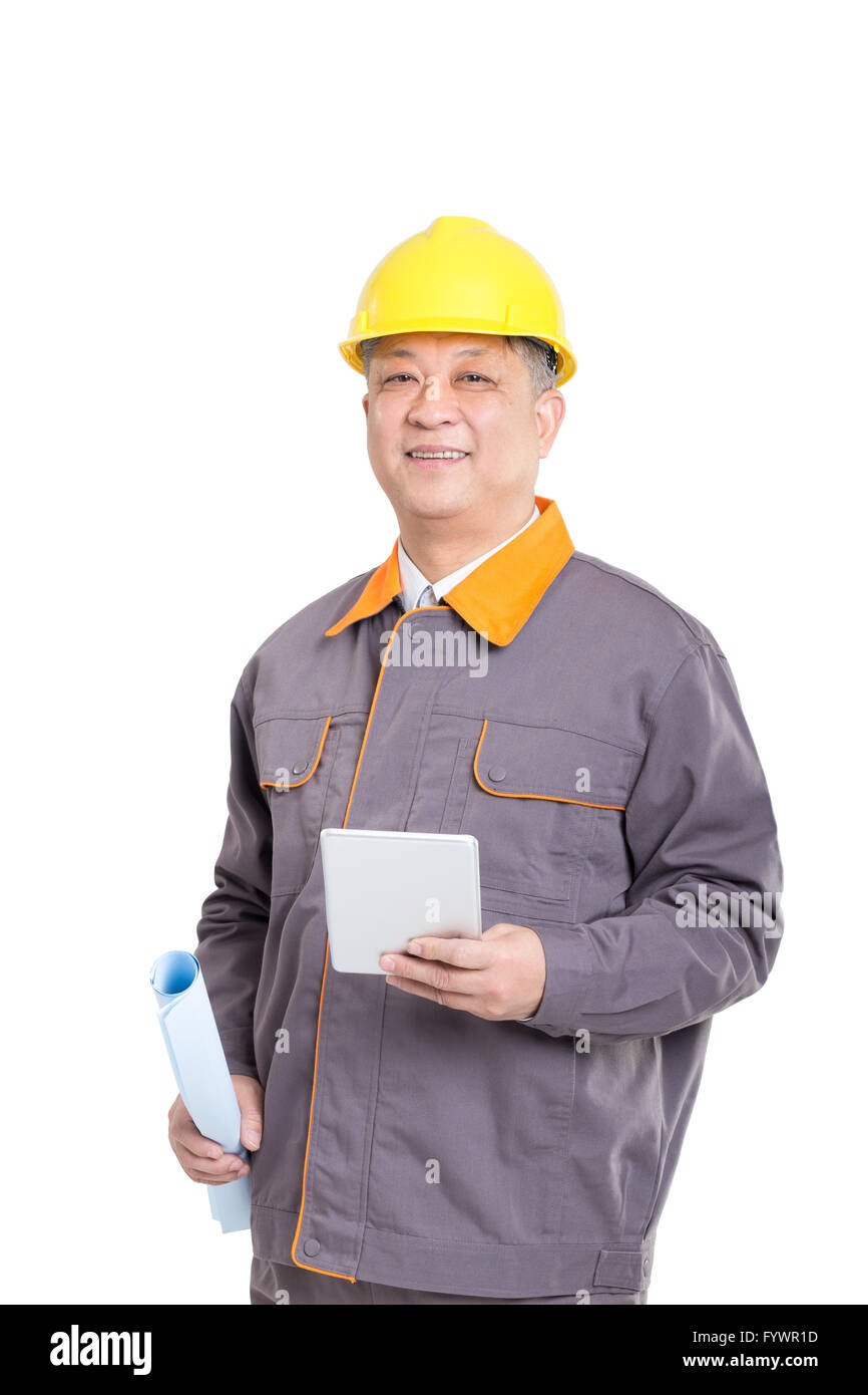 Engineer holding tablet blueprint construction hi-res stock photography ...