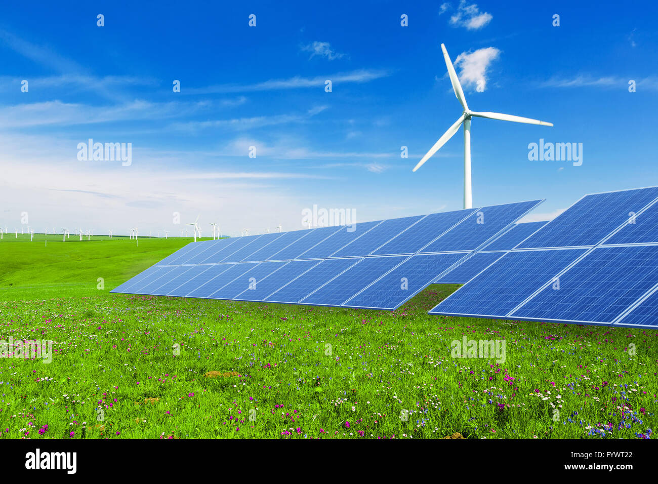 solar panel in wind power field in blue sky Stock Photo - Alamy