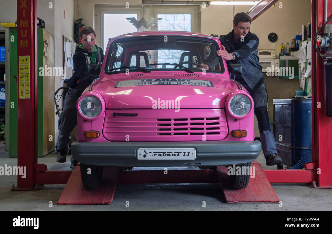 Tino Heimann (R) and Marvin Domsch push the last Trabant ever produced ...