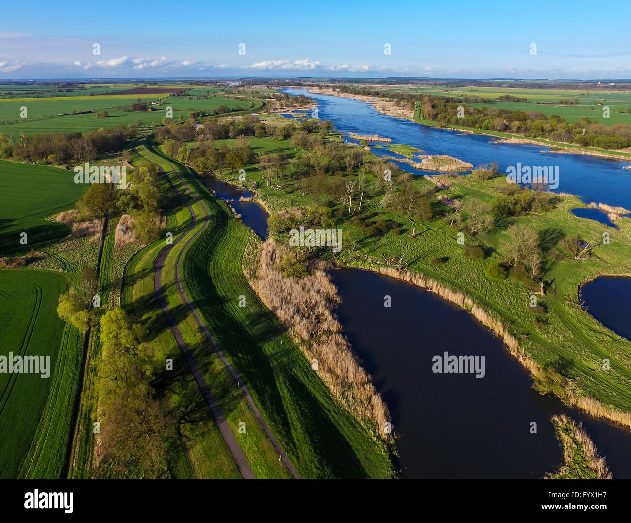 An aerial show taken with a drone shows a view of the river Oder and ...