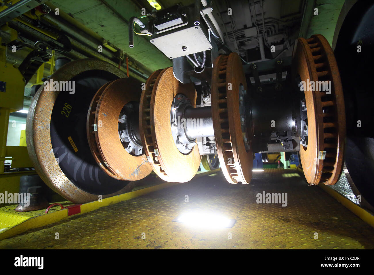 Hamburg, Germany. 26th Apr, 2016. A removed bogie pictured beneath an ...