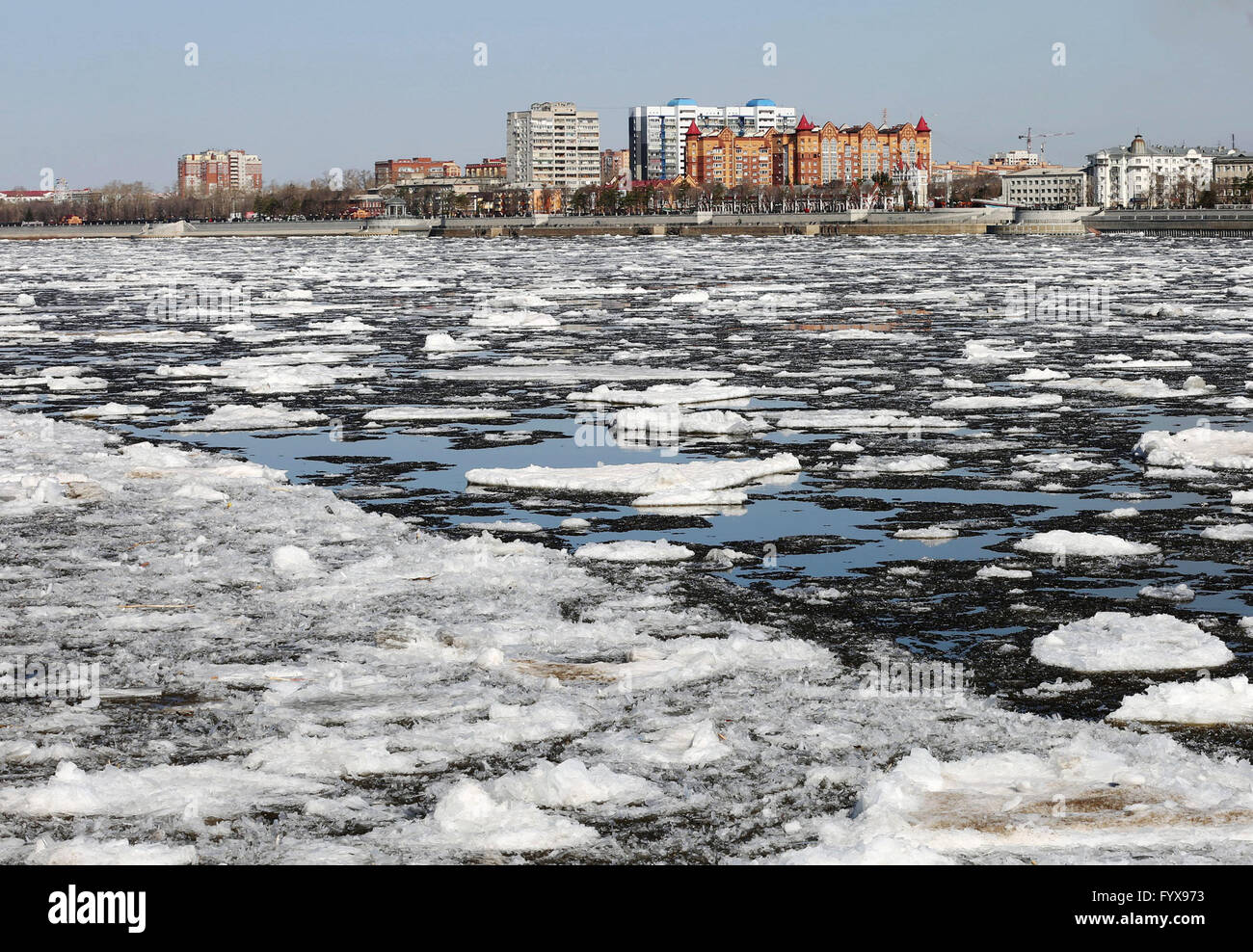 Heihe, China's Heilongjiang Province. 29th Apr, 2016. Ice floes are ...