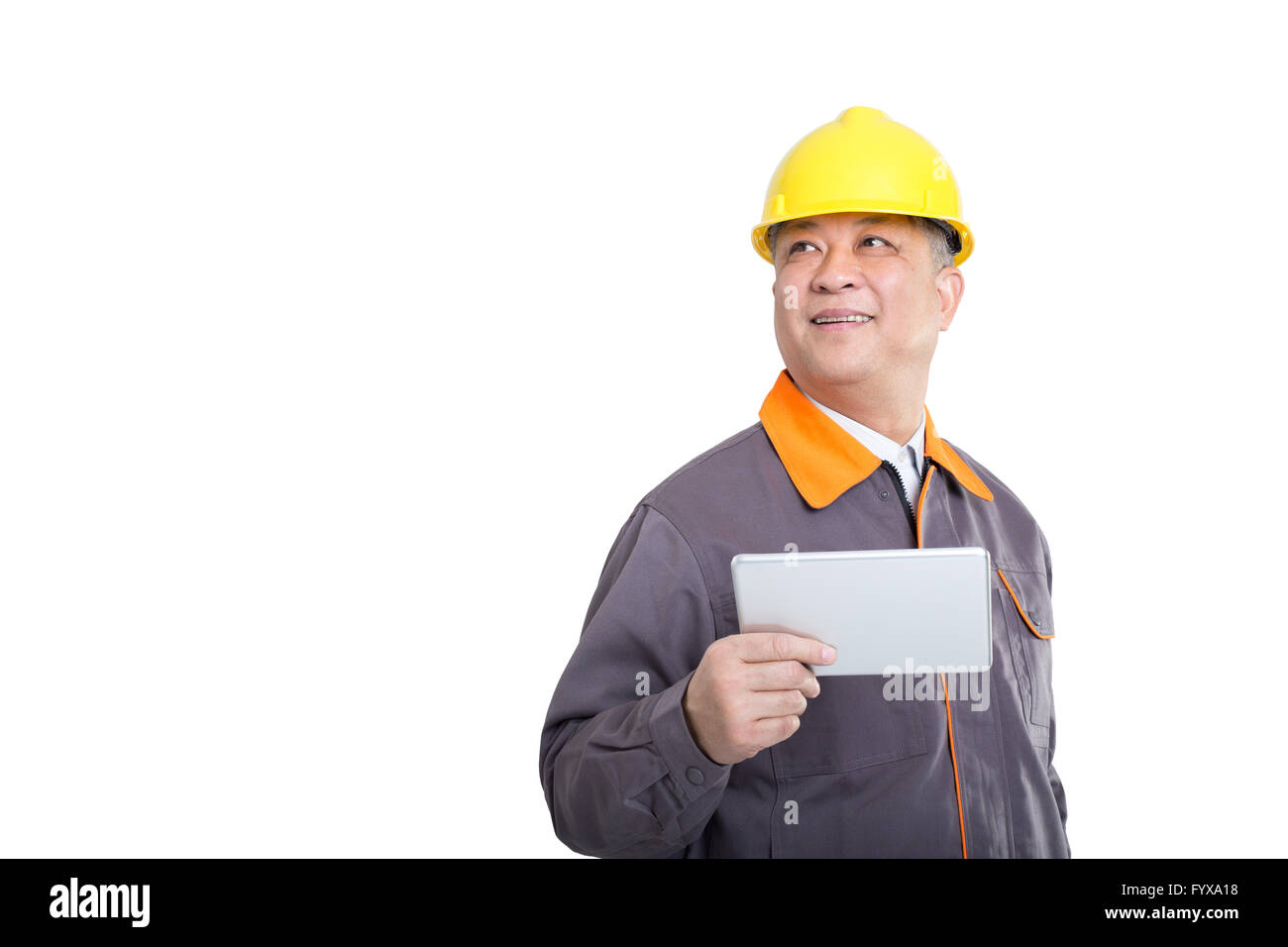 Engineer holding tablet blueprint construction hi-res stock photography ...