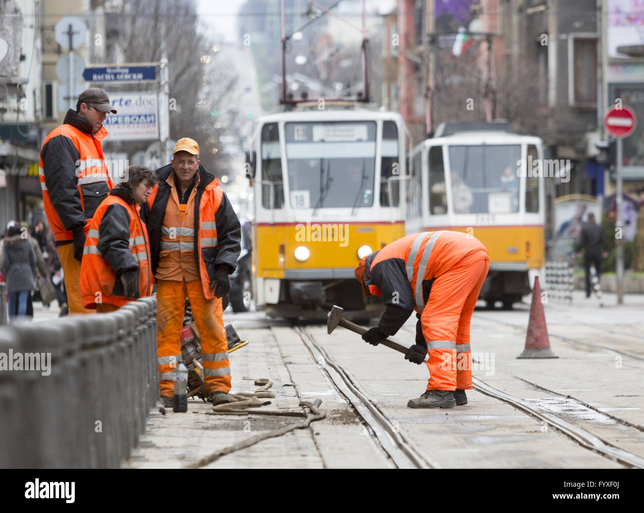 Tram road workers hi-res stock photography and images - Alamy