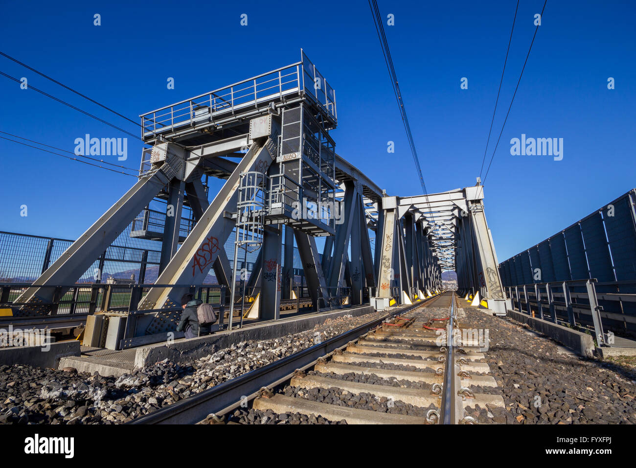 Railroad with bridge Stock Photo - Alamy