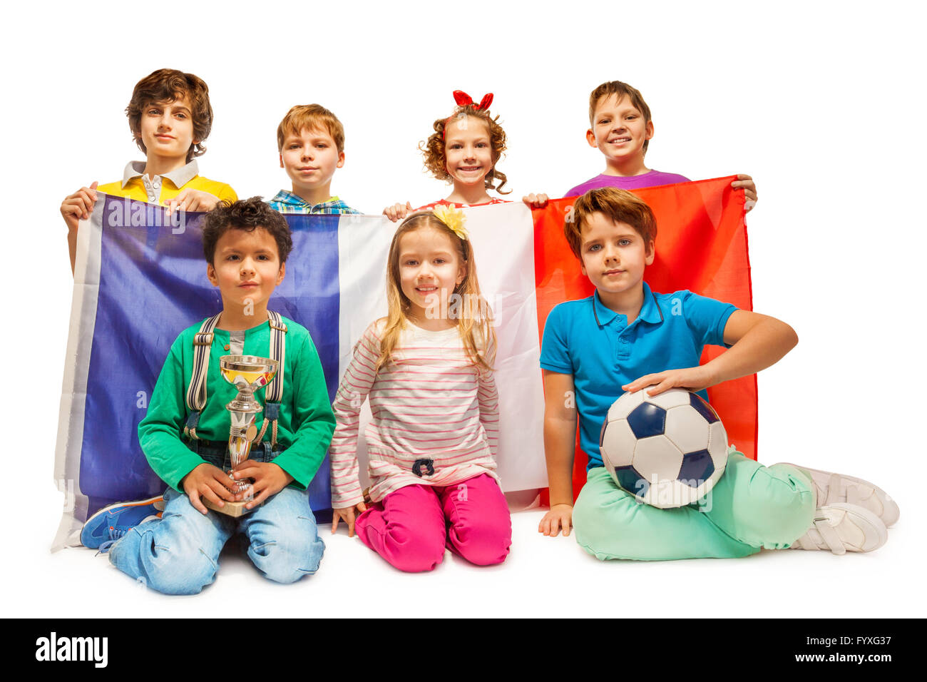 Group of little football fans holding French flag Stock Photo - Alamy