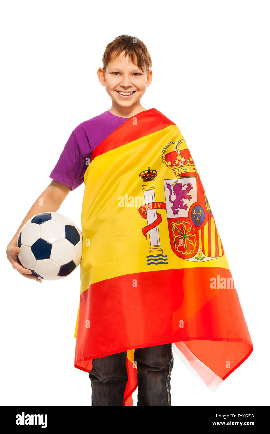 Smiling football fan wrapped in Spanish flag Stock Photo - Alamy