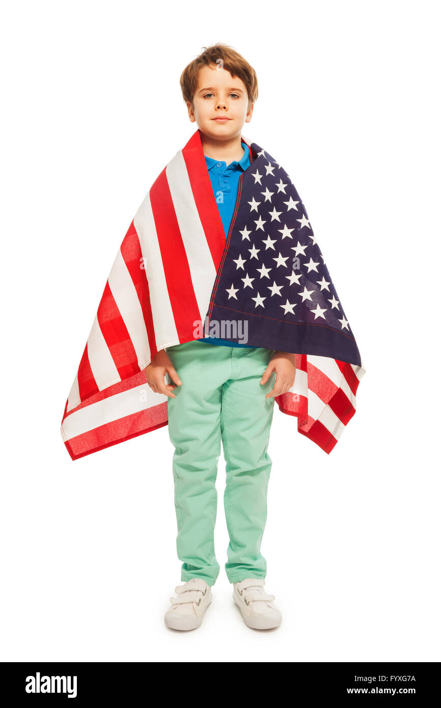 Cute boy wrapped in American flag Stock Photo - Alamy