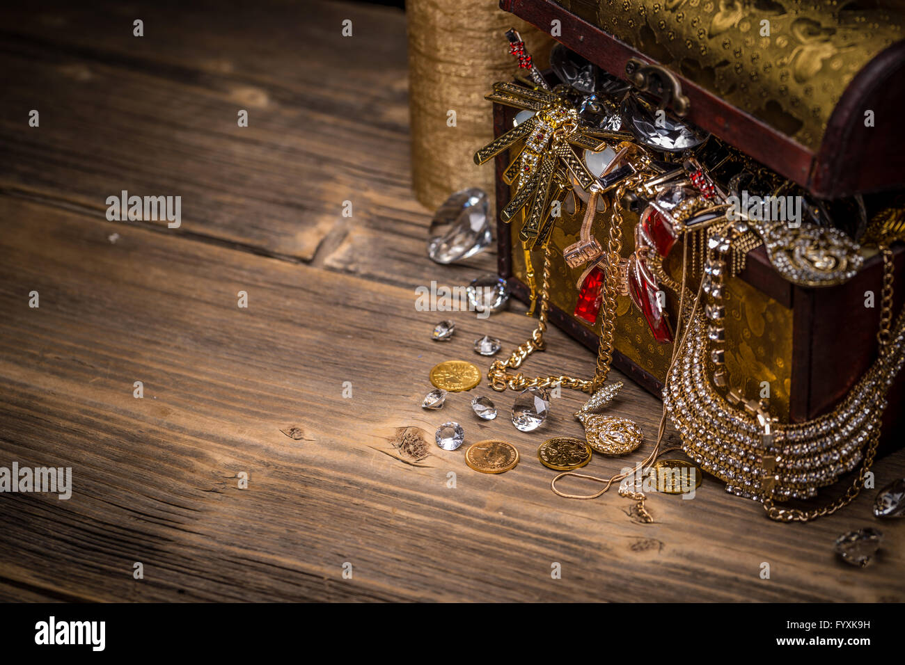 Treasure chest on wooden background, space for text Stock Photo - Alamy