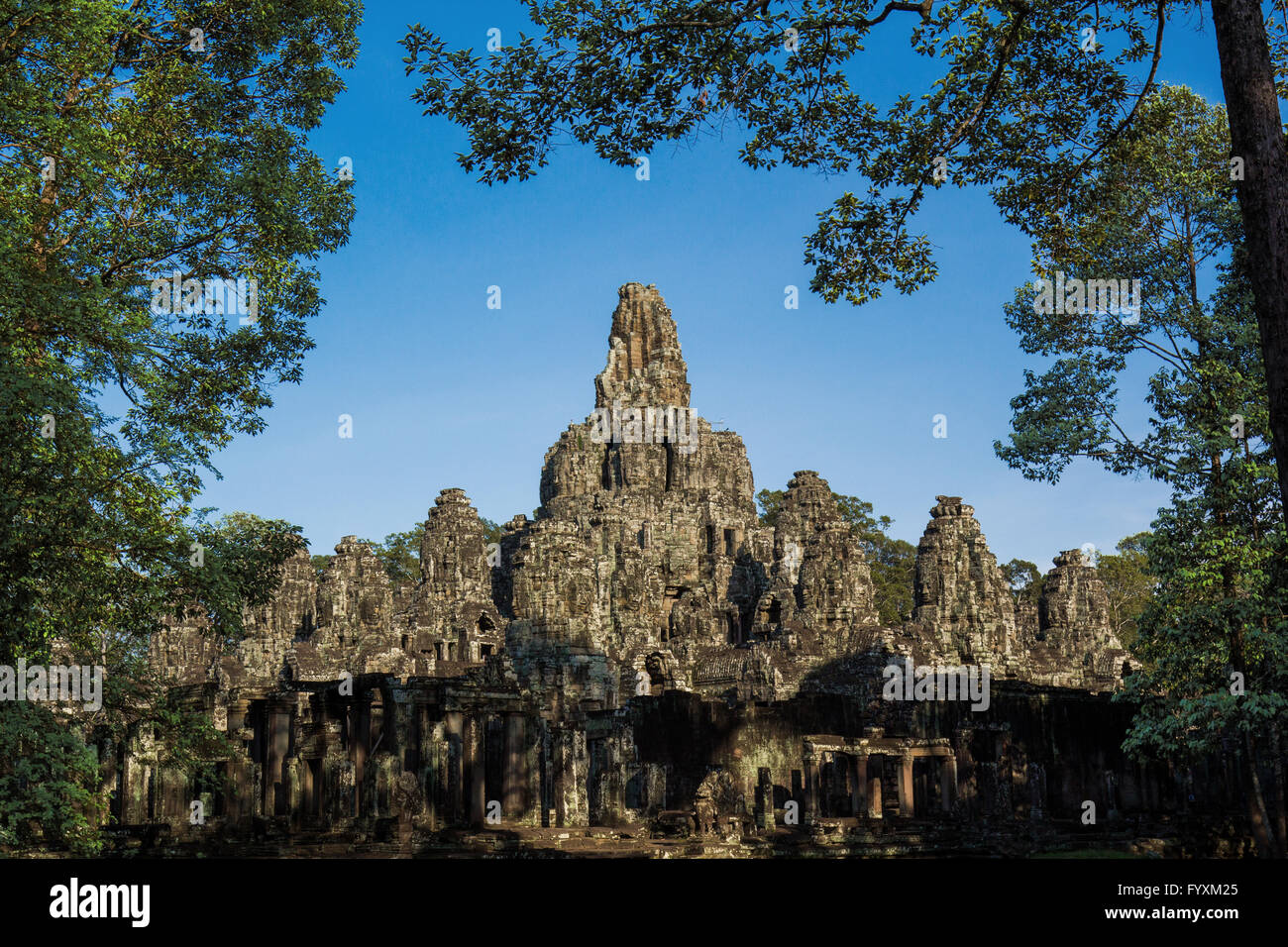 ancient of Prasat Bayon temple and tree frame, Angkor Thom , is popular ...