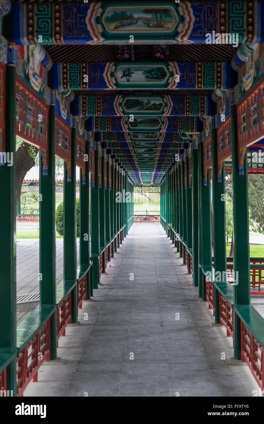 Covered walkway in old traditional park in Beijing, China Stock Photo ...