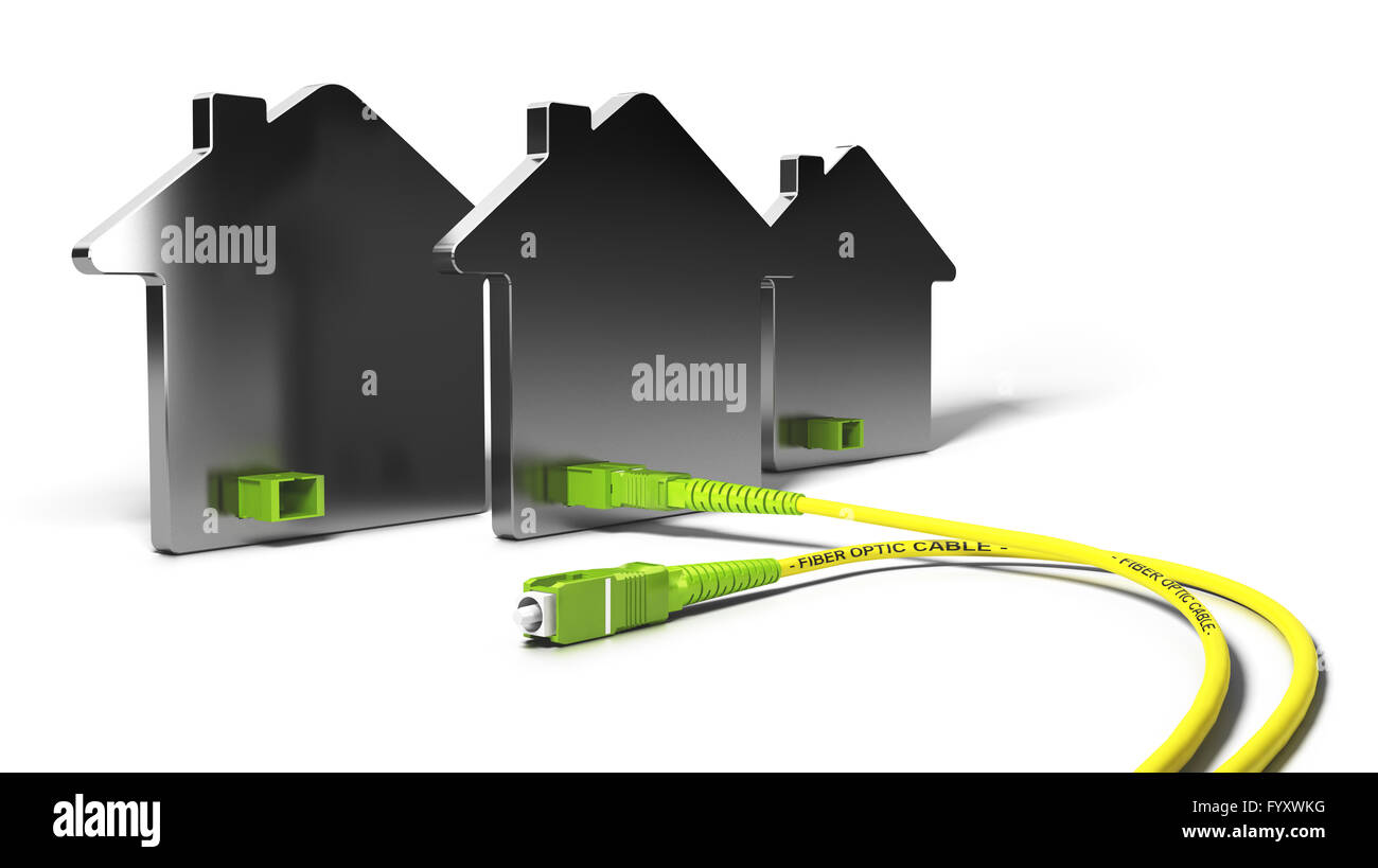 3D illustration of a FTTH network for high broadband access over white ...