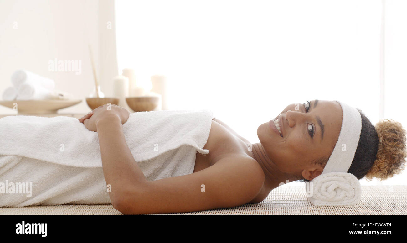 Smiling Female Enjoying Spa Therapy Stock Photo - Alamy