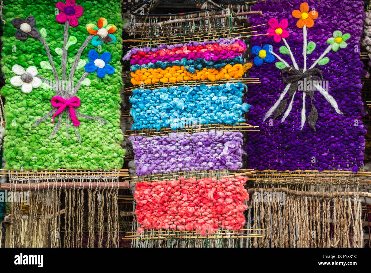 Closeup views of crafts and souvenirs in the shops of Dalcahue, Chile ...