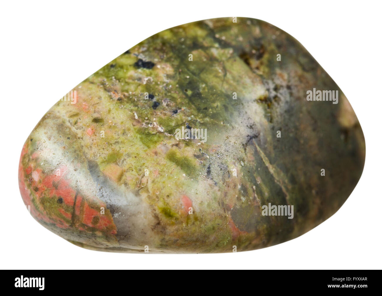 macro shooting of natural mineral stone - tumbled unakite (epidosite ...