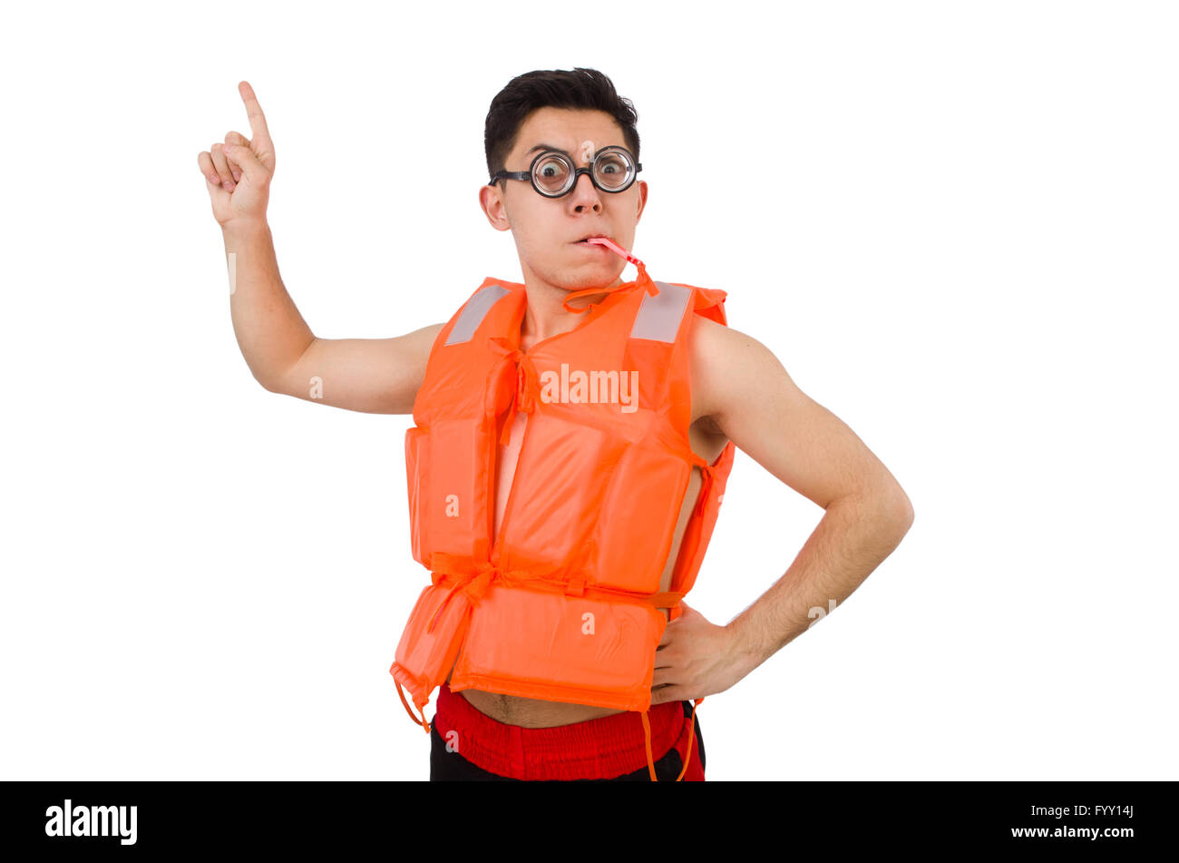 Funny man wearing orange safety vest Stock Photo - Alamy