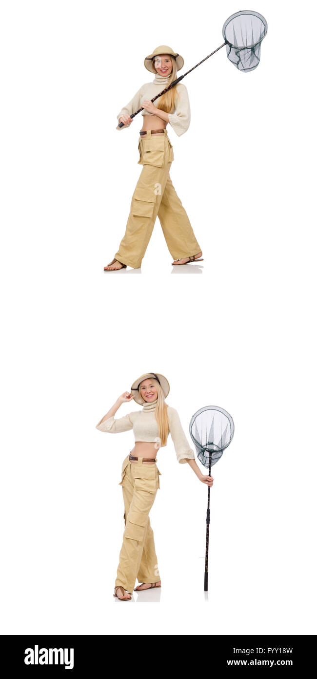 Woman with catching net on white Stock Photo - Alamy