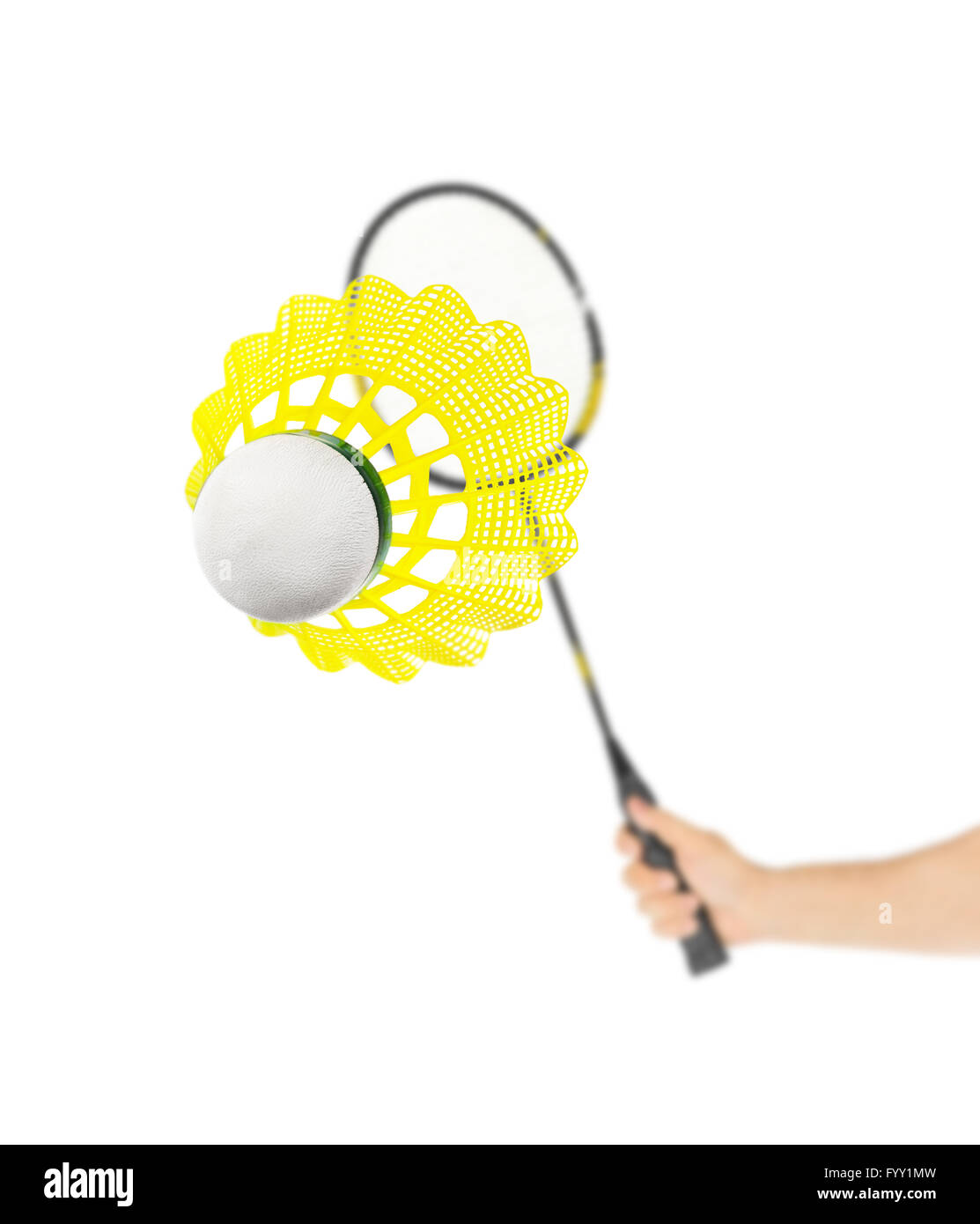 Hand with badminton racket and shuttlecock Stock Photo - Alamy