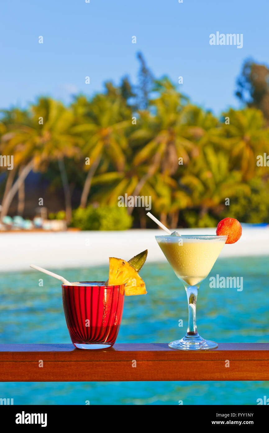 Fruit cocktail on Maldives beach Stock Photo - Alamy