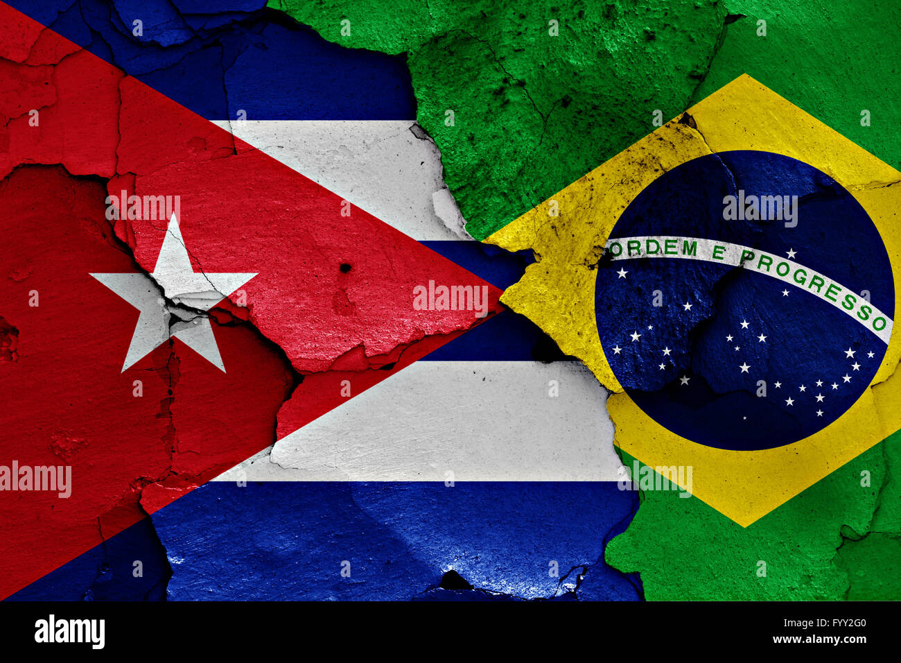 flags of Cuba and Brazil painted on cracked wall Stock Photo - Alamy