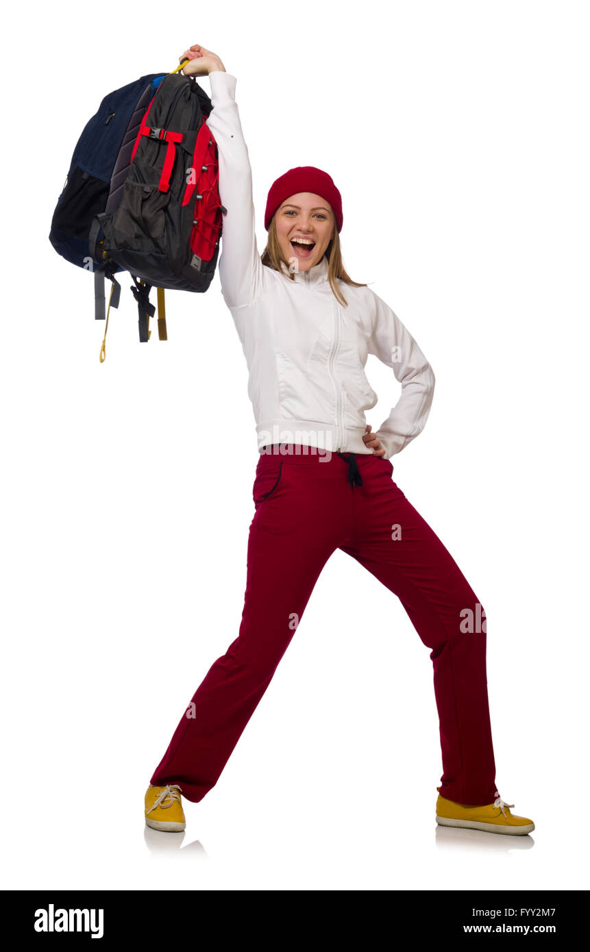 Funny student with backpack isolated on white Stock Photo - Alamy