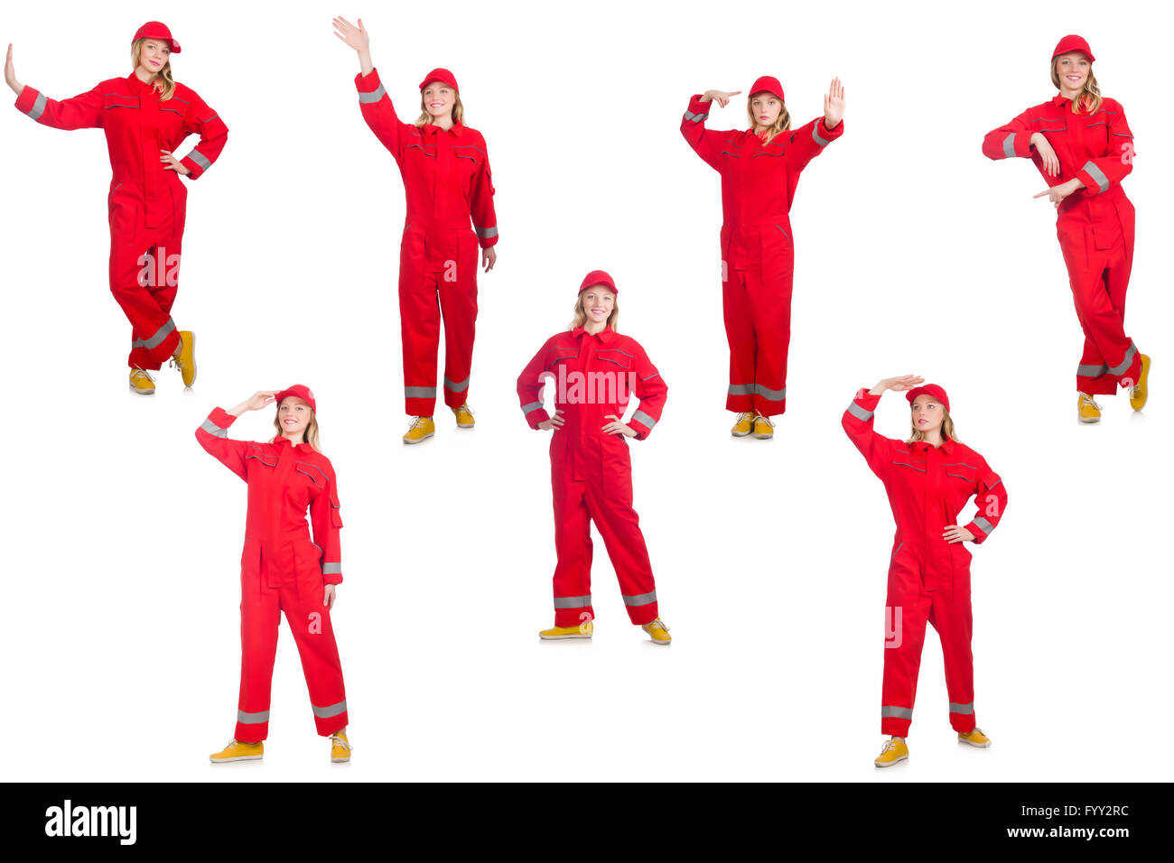 Woman in red overalls isolated on white Stock Photo - Alamy