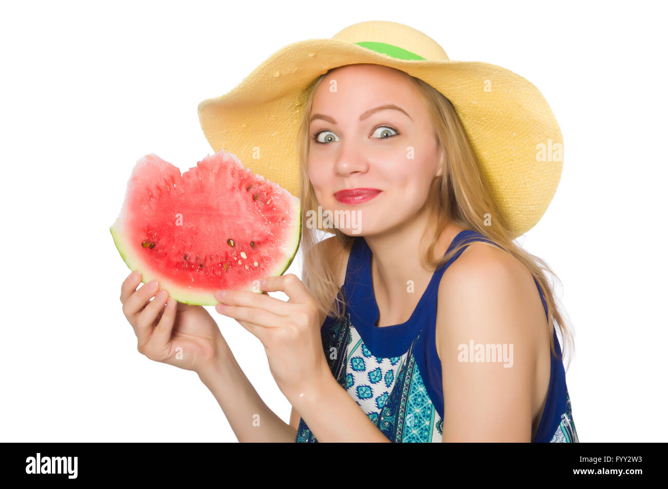 Woman with watermelon isolated on white Stock Photo - Alamy