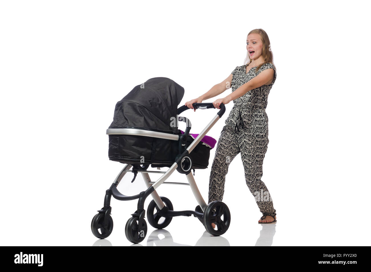 Happy mom with her baby in pram Stock Photo - Alamy