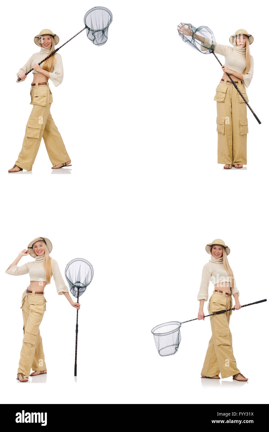 Woman with catching net on white Stock Photo - Alamy