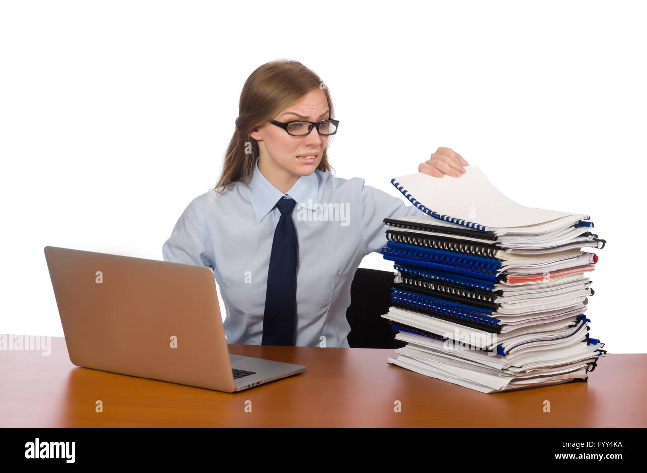 Office employee at work table isolated on white Stock Photo - Alamy