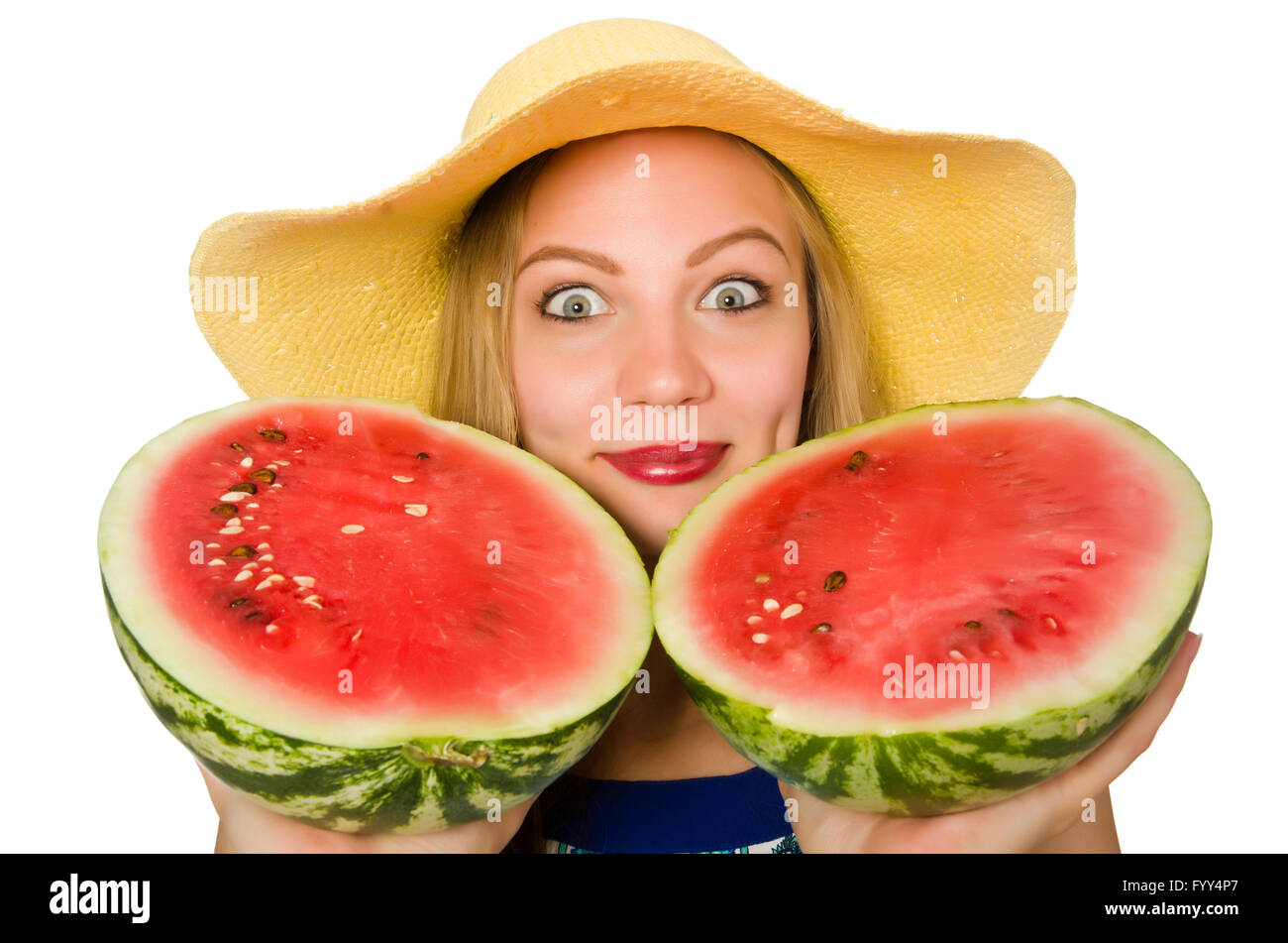 Woman eating watermelon isolated on white Stock Photo - Alamy