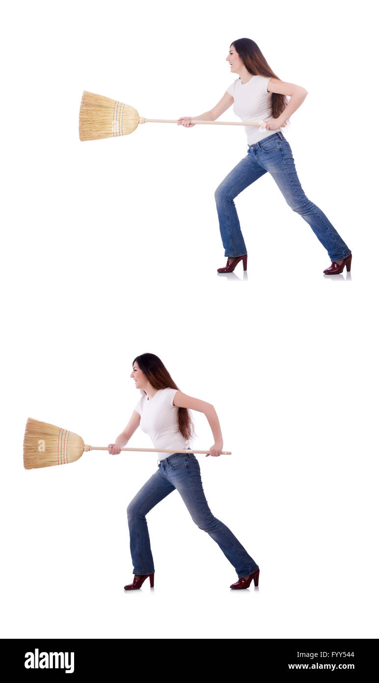 Woman with broom isolated on white Stock Photo - Alamy