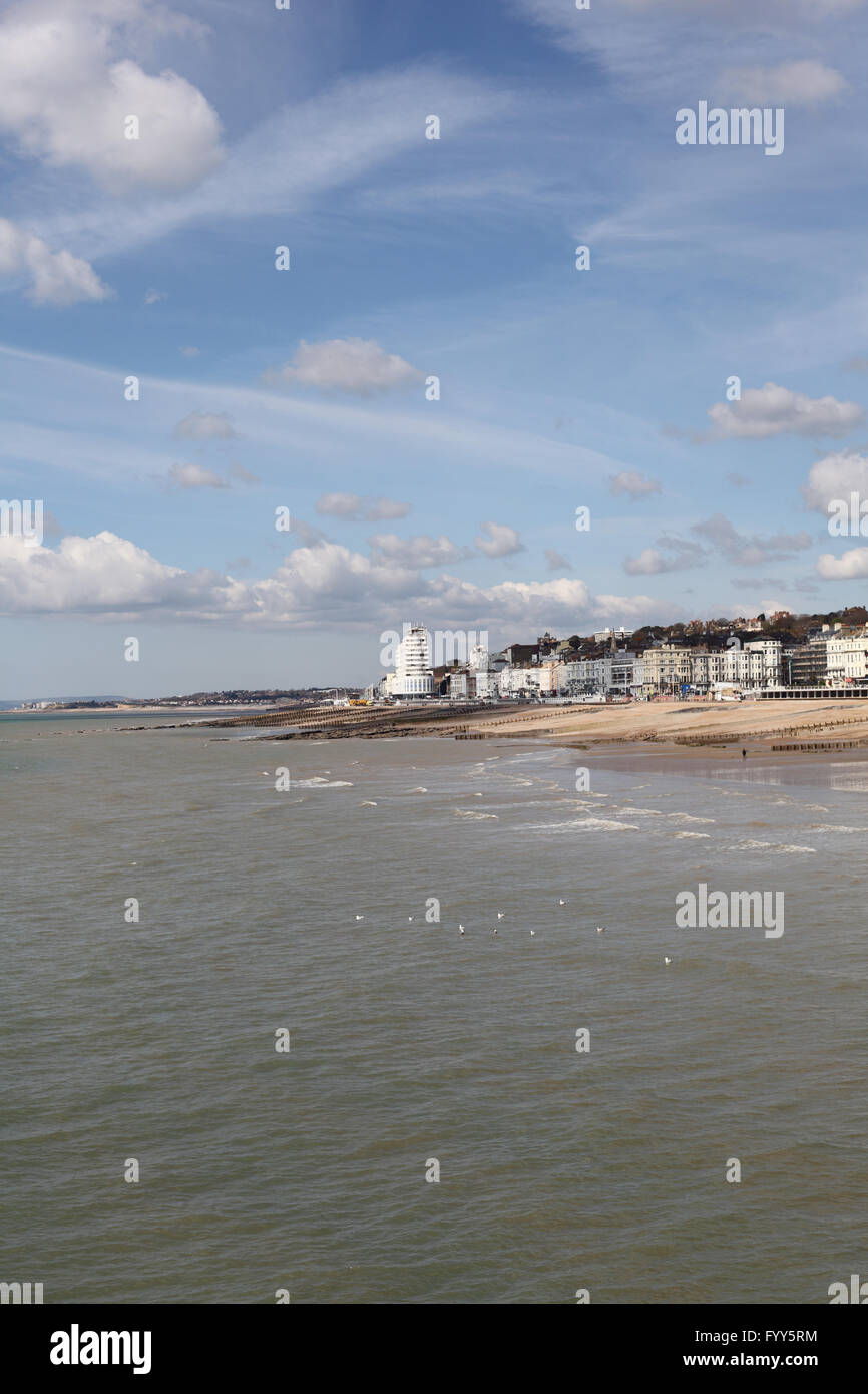 St Leonards on Sea seafront and Marine Court viewed from Hastings pier ...